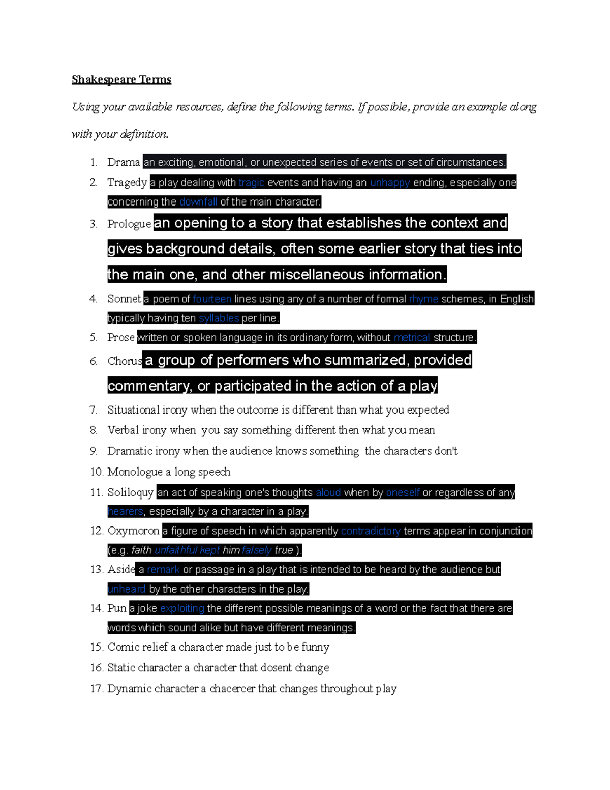 Shakespeare Literary Terms Definitions and Examples (ENG 101) - Studocu