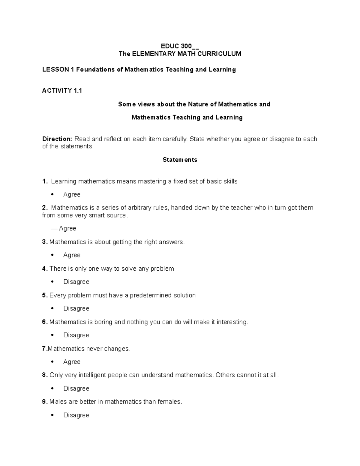 Lesson 1 mathematics - EDUC 300__ The ELEMENTARY MATH CURRICULUM LESSON ...