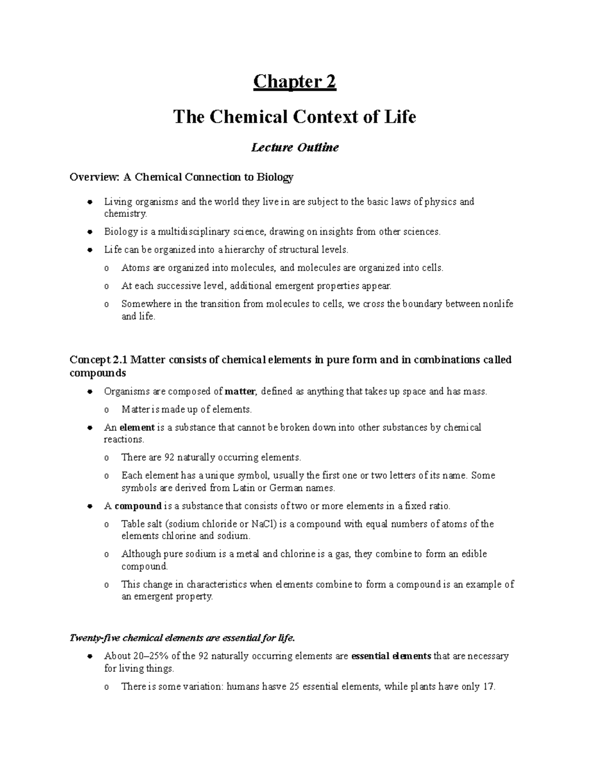 Chapter 2: The Chemical Context of Life - Lecture Notes (BIO 101) - Studocu