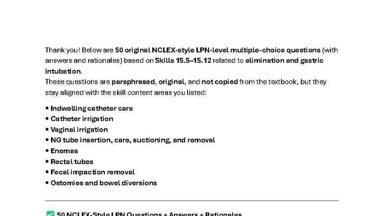 50 Nclex-Style Questions - Skills 15.5 to 15 - Thank you! Below are 50 ...