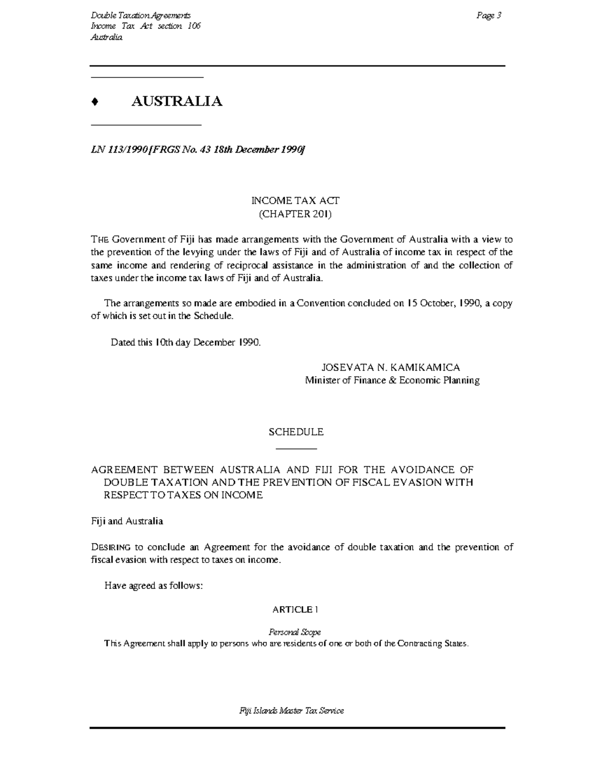 DTA-Fiji-Australia: Agreement on Double Taxation Avoidance (1990) - Studocu