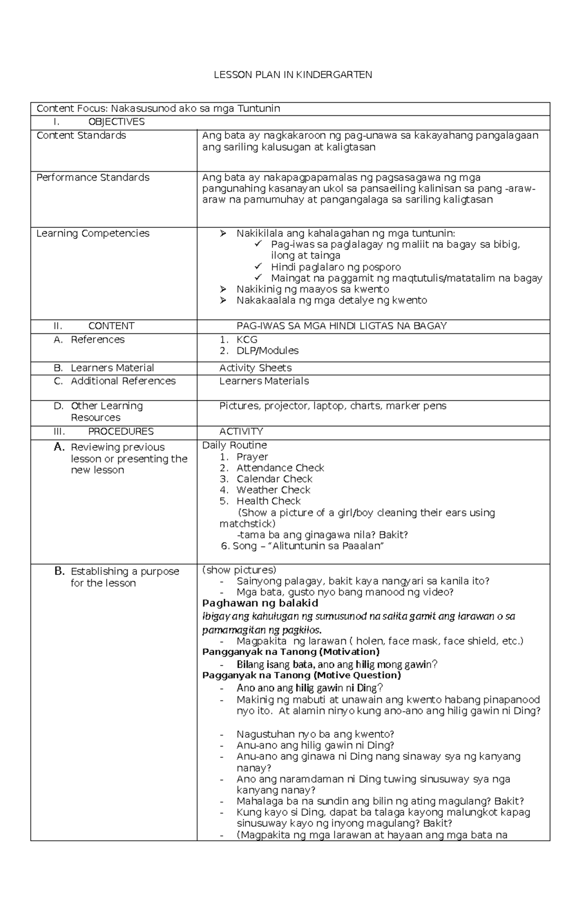 Lesson Plan for Kindergarten: Following Safety Rules (KINDER101) - Studocu