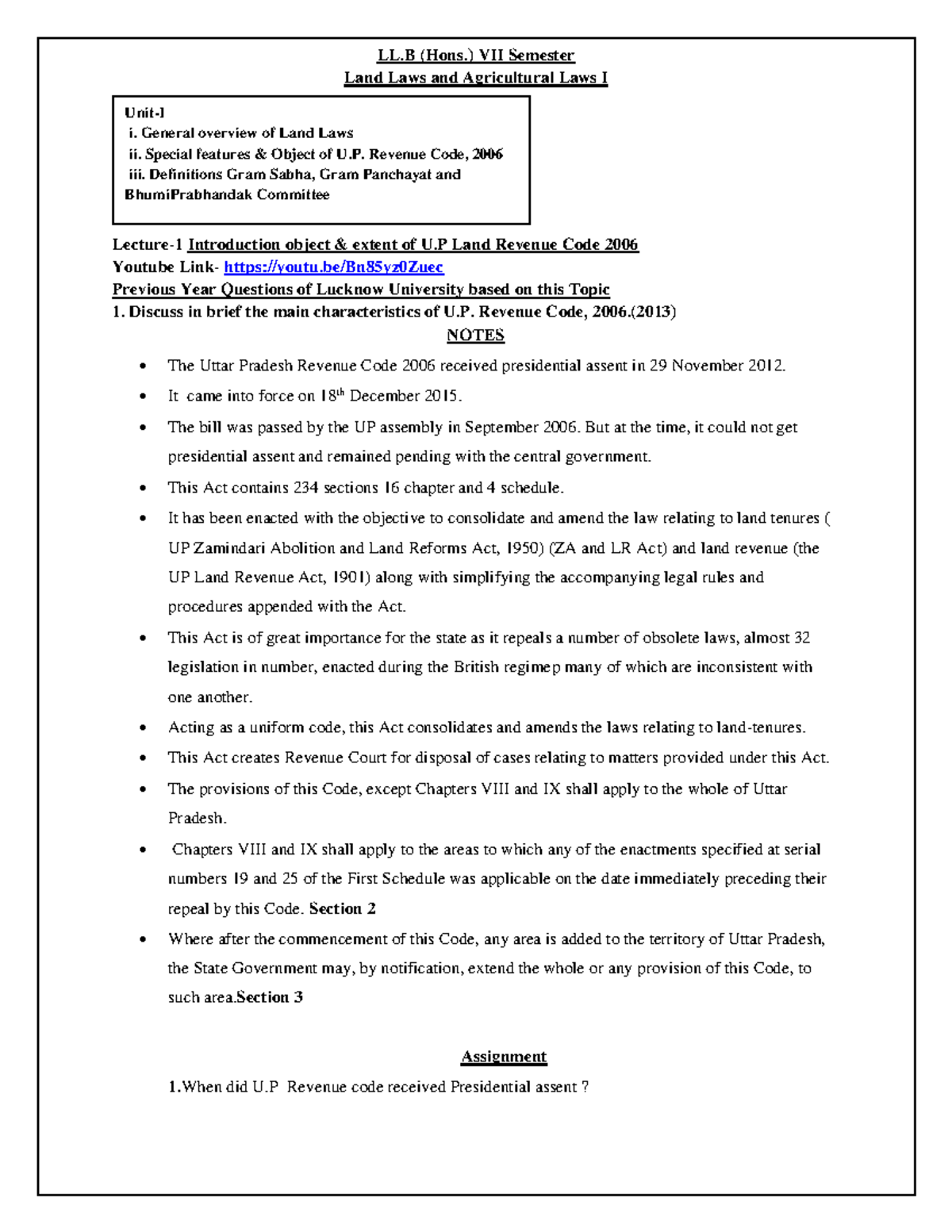 LL.B (Hons.) VII Sem: Land Laws & Agricultural Laws I - U.P. Revenue ...