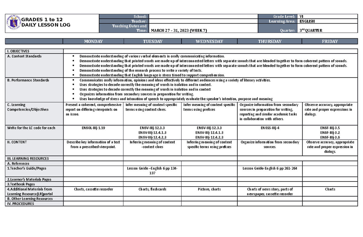 Lesson LOG: English 6 Q3W7 - Weekly Activities & Objectives - Studocu