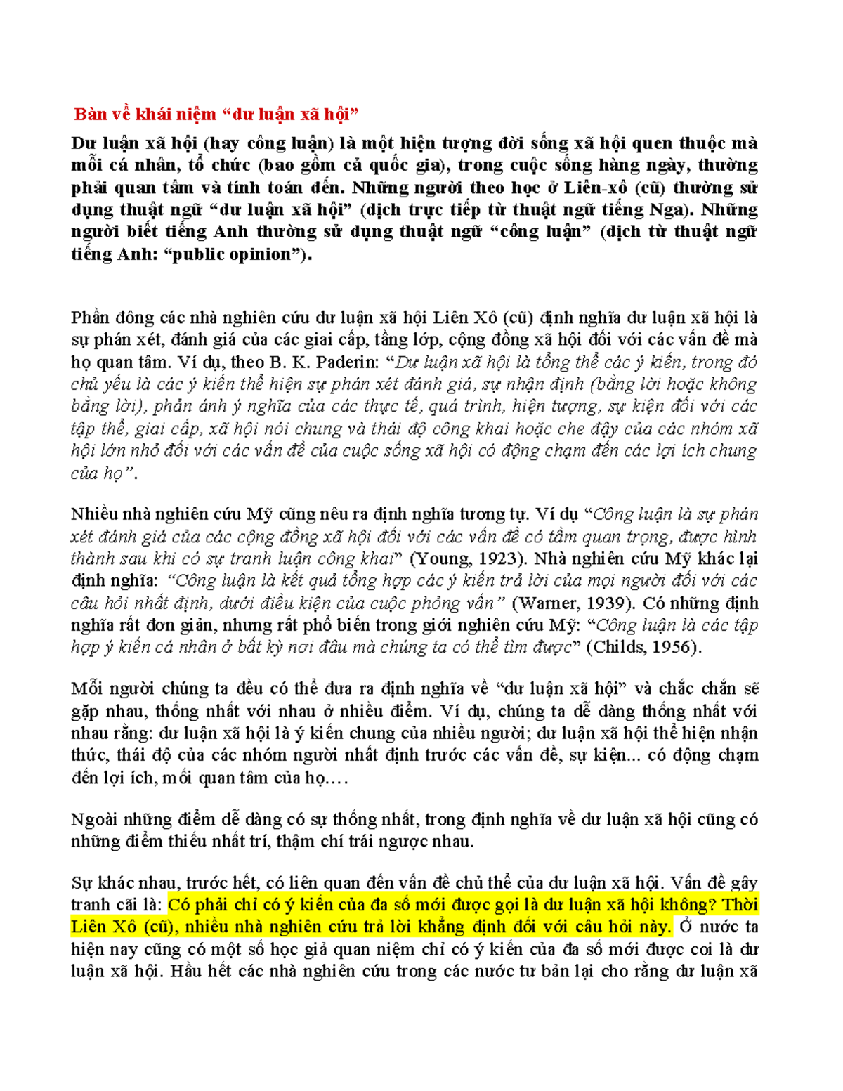 Bàn về khái niệm dư luận xã hội - Tài liệu học tập 1ABCD - Studocu
