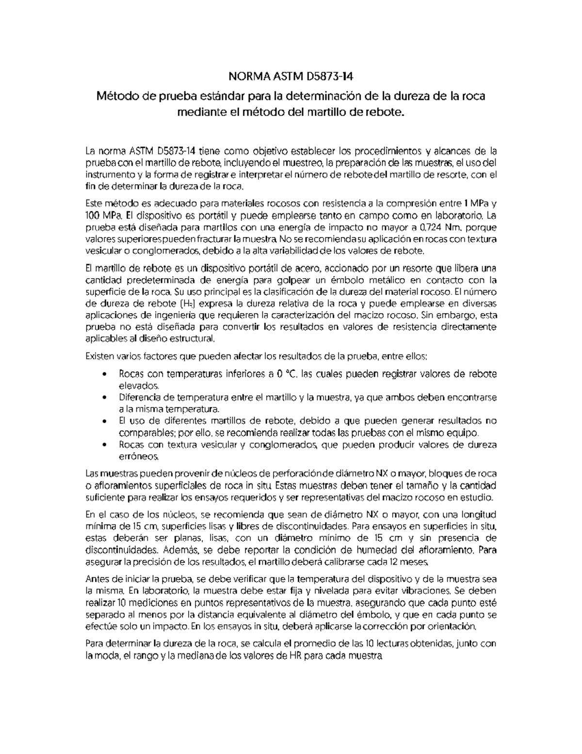 Norma ASTM D5873−14: Método de Prueba de Dureza de Rocas - Studocu