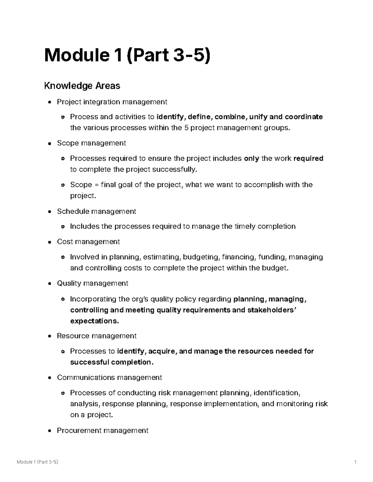 Module 1 (Part 3-5) Project Management Knowledge Areas Overview - Studocu