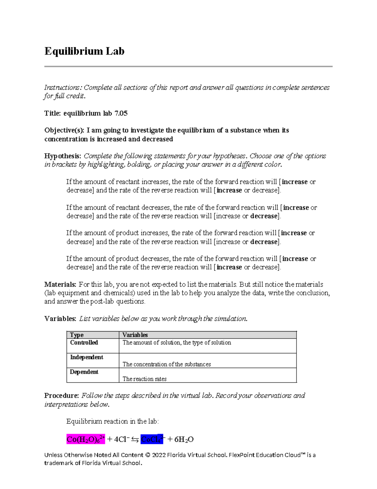 Equilibrium Lab Report: Investigating Reaction Rates (7.05) - Studocu