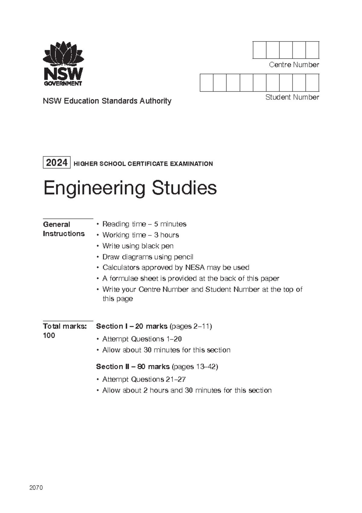 2024 hsc engineering studies - Centre Number Student Number 2070 NSW ...