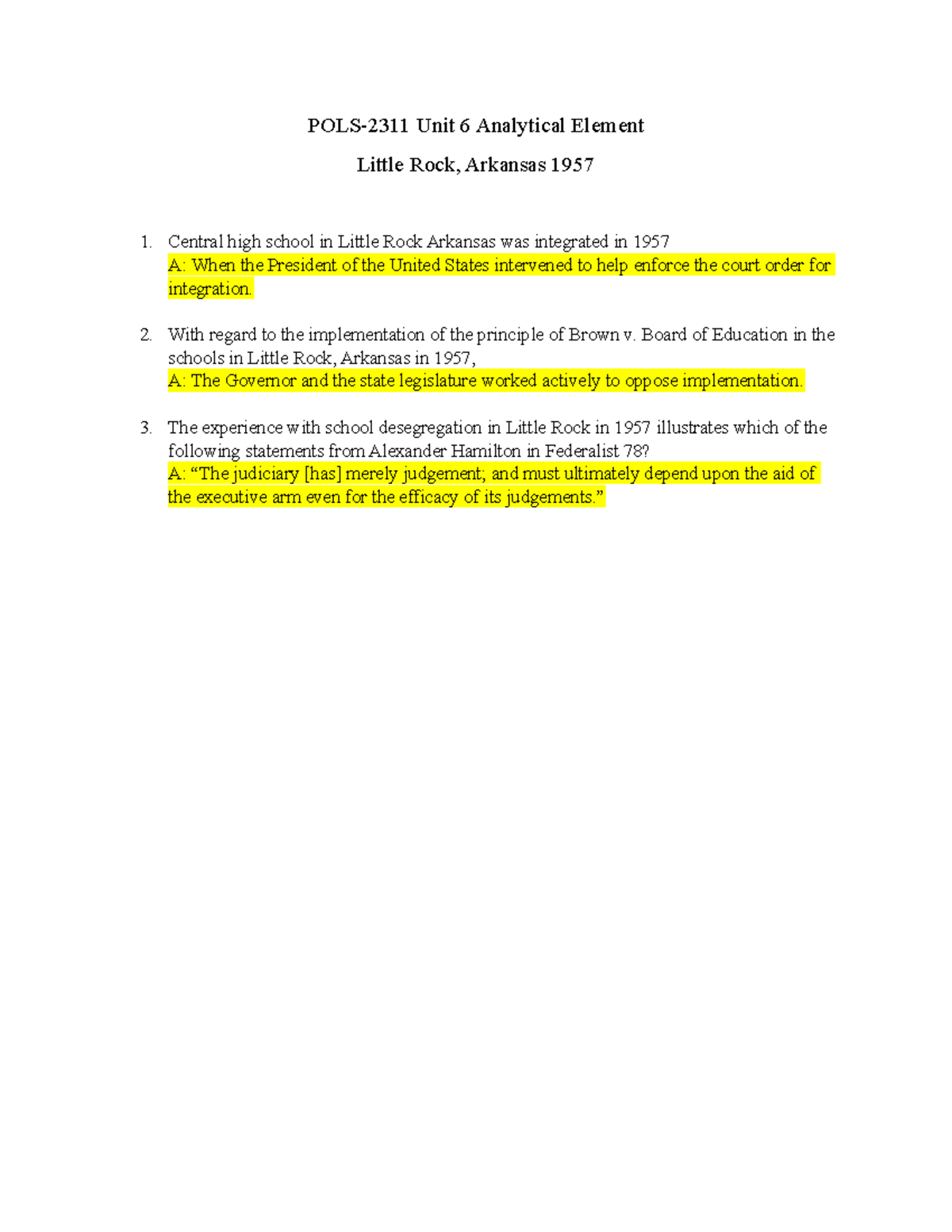 POLS-2311 Unit 6 Analysis: Little Rock School Integration 1957 - Studocu