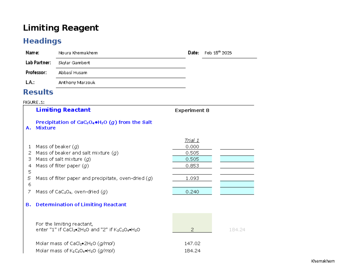 EXP 8 Lab Report: Determining the Limiting Reactant in Precipitation ...