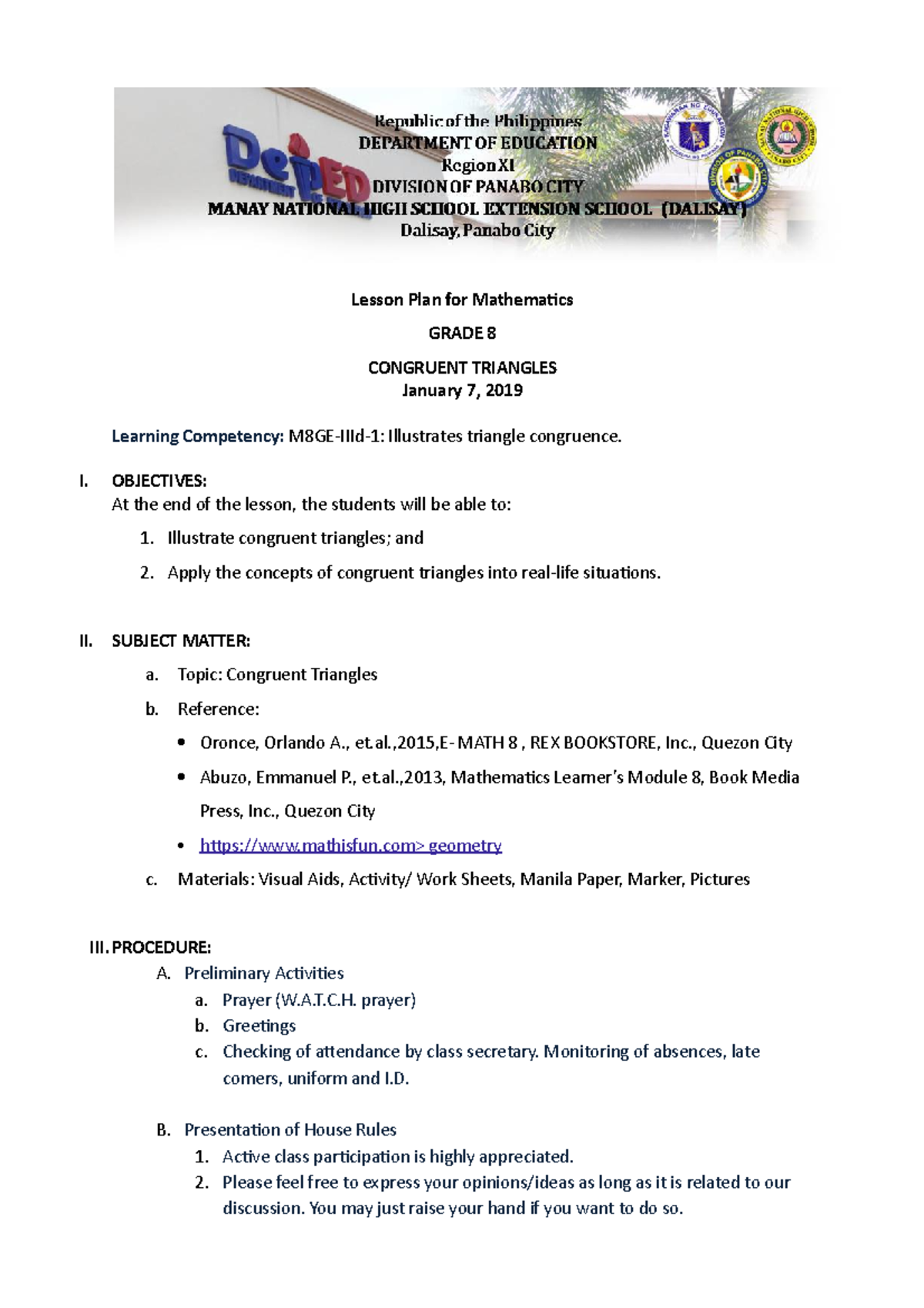 LP- Congruent- Triangles - Lesson Plan for Mathematics GRADE 8 ...