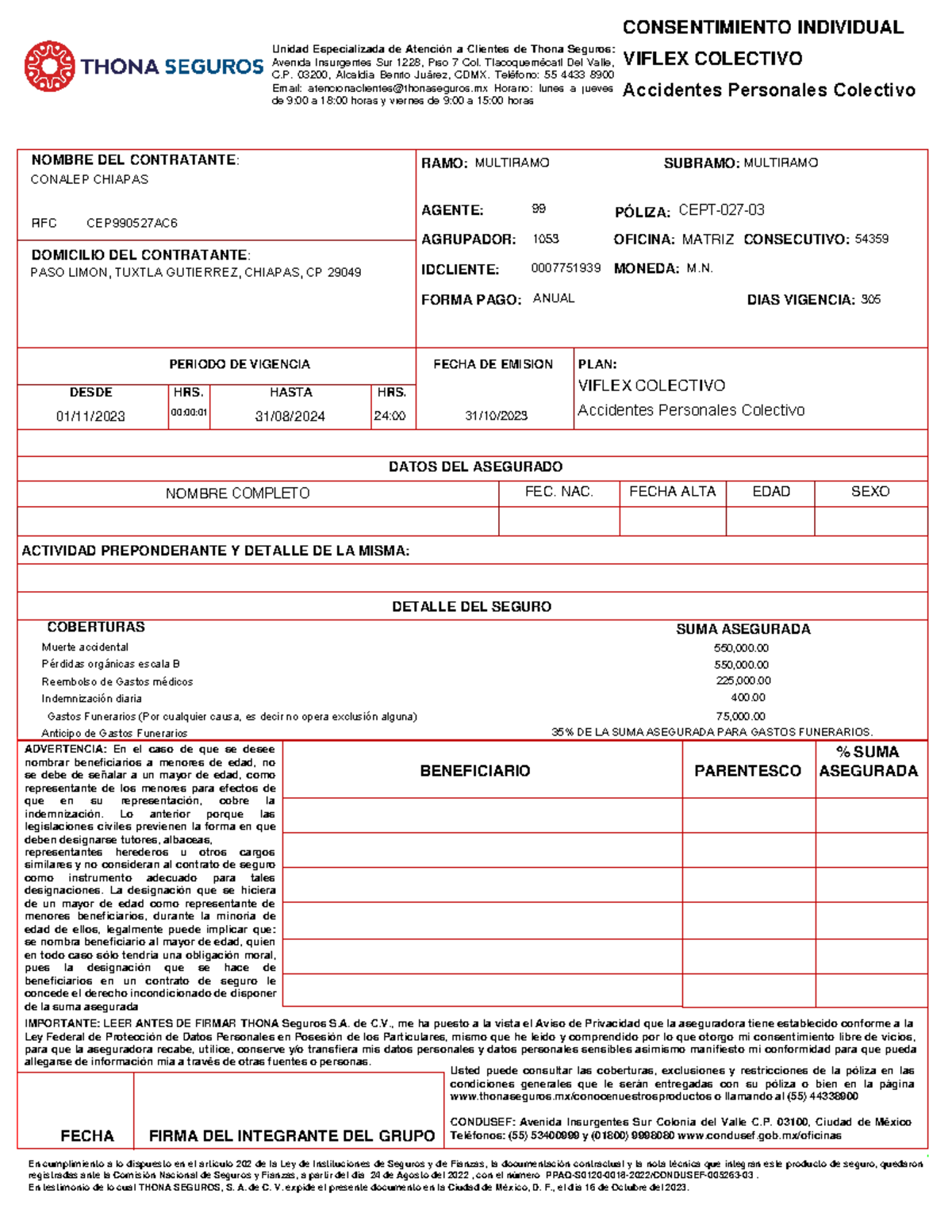 Consentimiento de Seguro VIFLEX Colectivo - Resumen y Detalles - Studocu