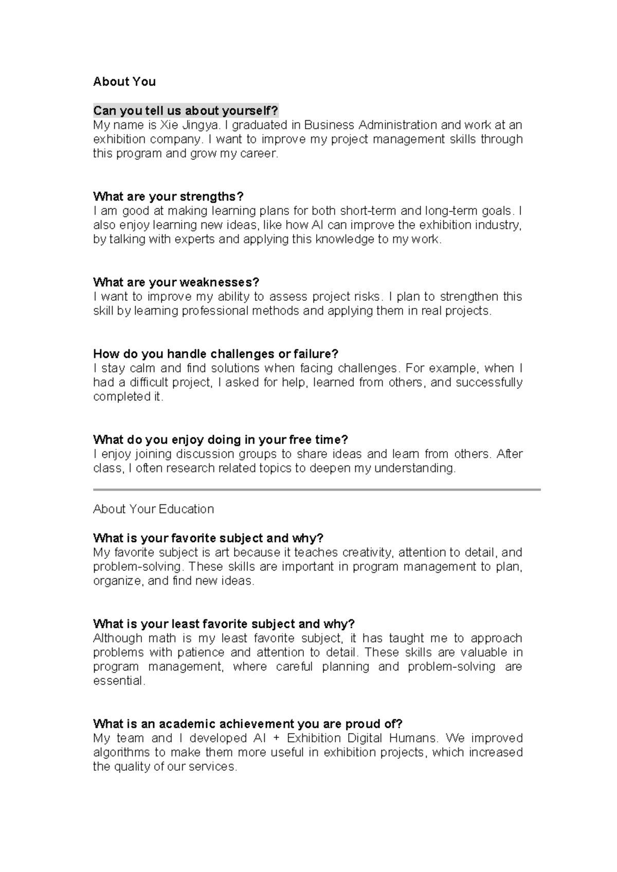 Admission Essay: Xie Jingya's Journey to Project Management - Studocu