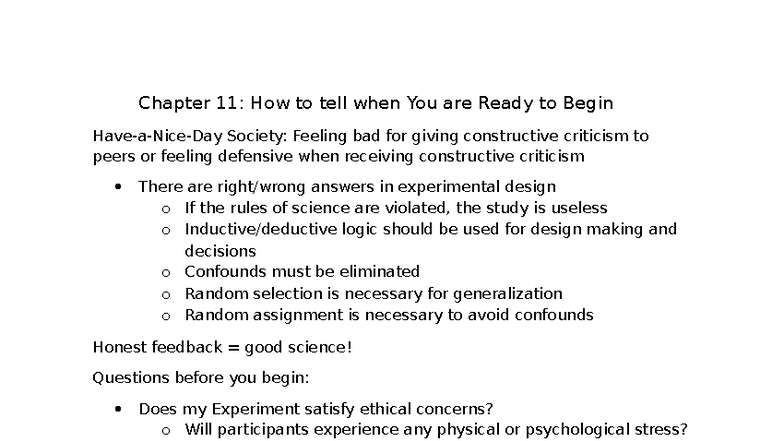 Chapter 11: Preparing for Experimental Design in Psychology (PSY 101 ...