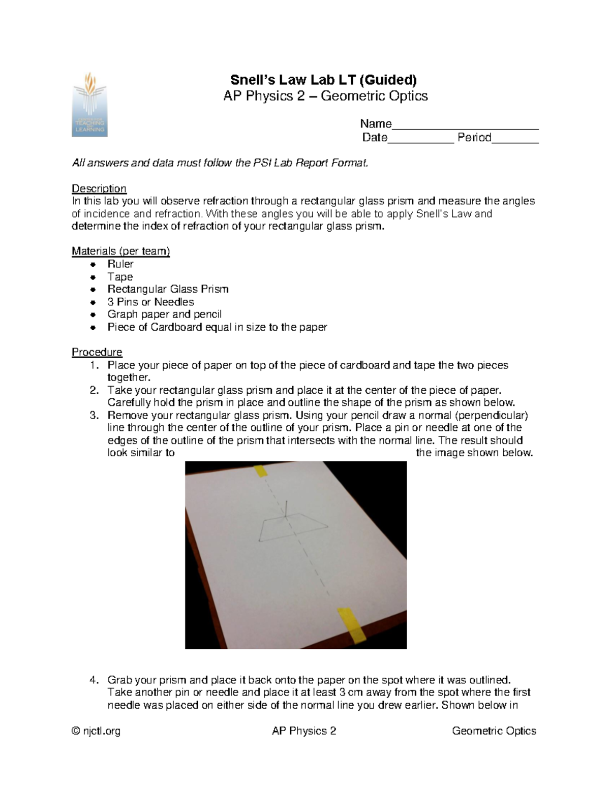 AP Physics 2 Lab LT: Snell's Law & Geometric Optics Experiment - Studocu