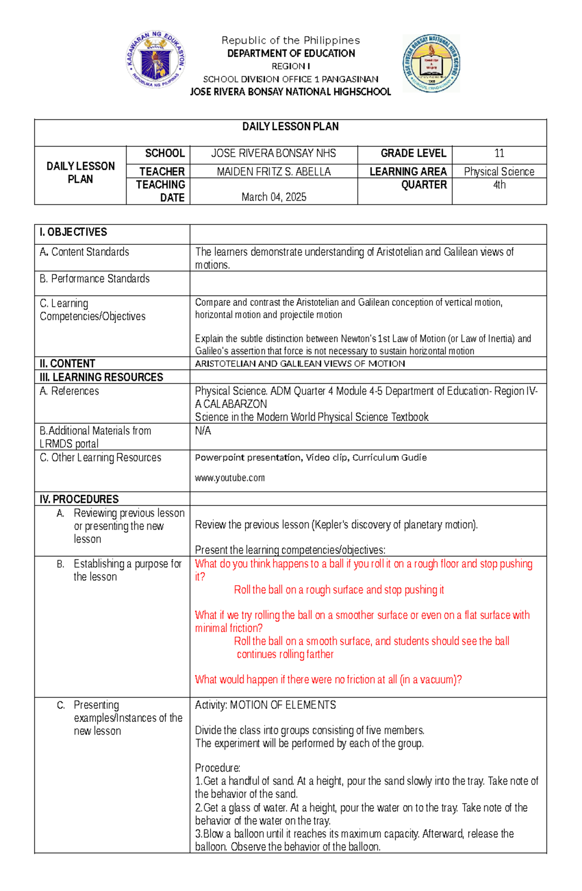 COT Lesson Plan: Understanding Motion through Aristotle & Galileo - Studocu
