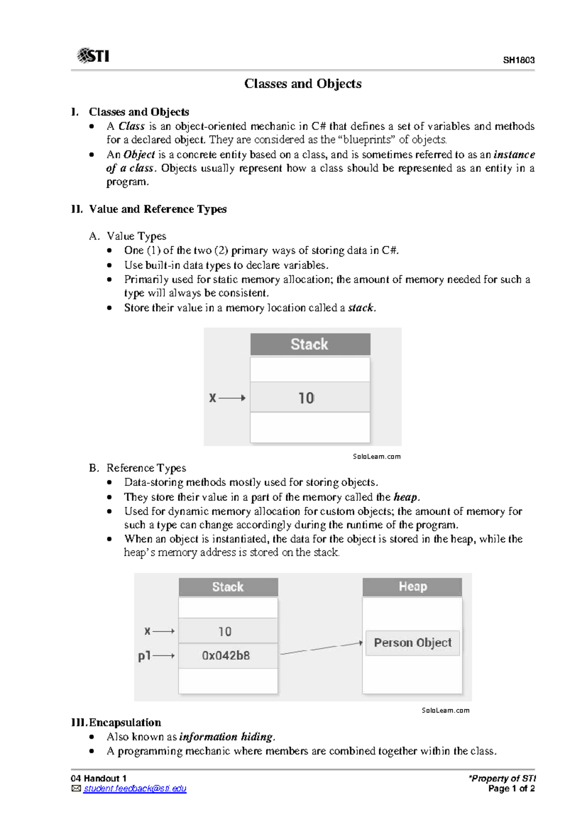 SH1803 Classes and Objects: Value Types & Encapsulation Overview - Studocu
