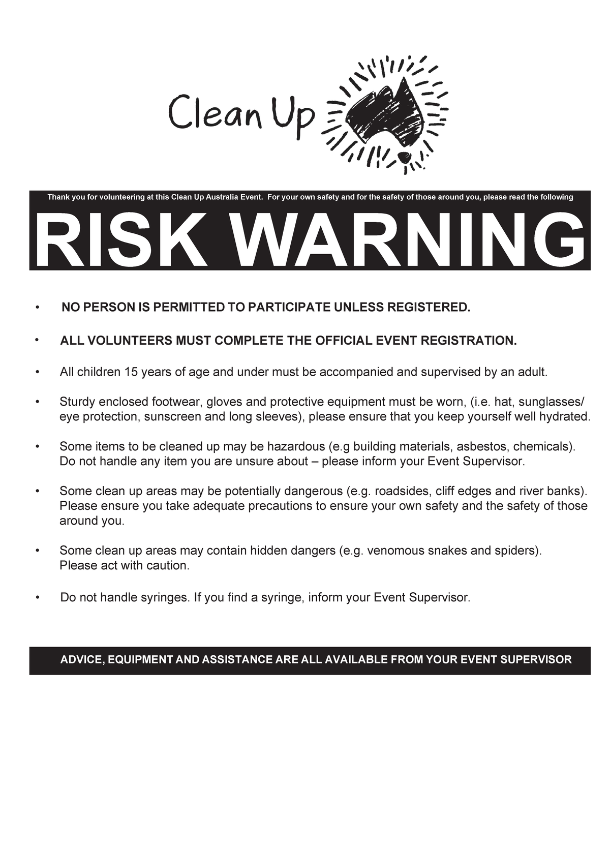 Clean Up Australia Event: Safety Guidelines and Risk Warning - Studocu