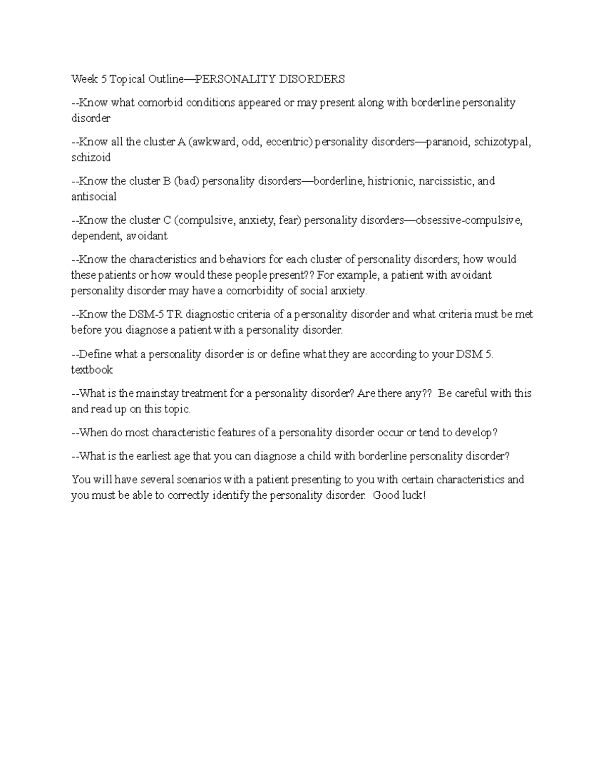 PSY 101 Week 5 Topical Outline: Understanding Personality Disorders ...