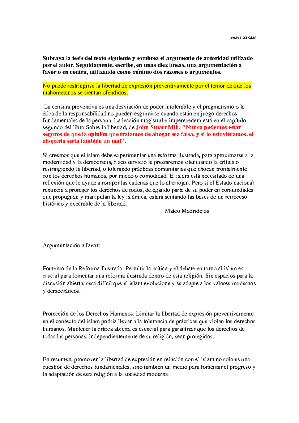 Lewis espinal S5 - hhhg - Lewis 1- 22 - 0446 Subraya la tesis del texto ...