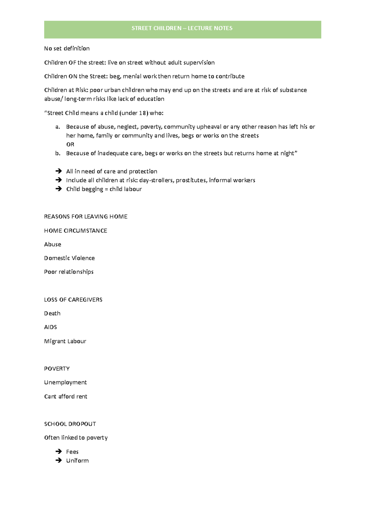 Street Children: Key Insights & Issues - Lecture Notes - Studocu
