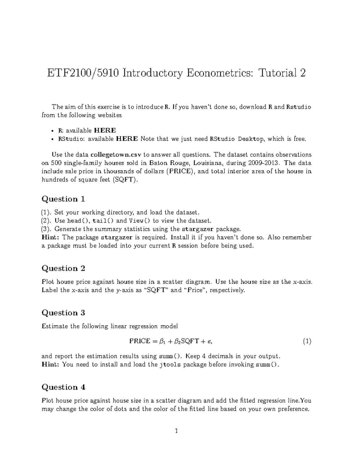 Week2 Tut Question - ETF2100/5910 Introductory Econometrics: Tutorial 2 ...