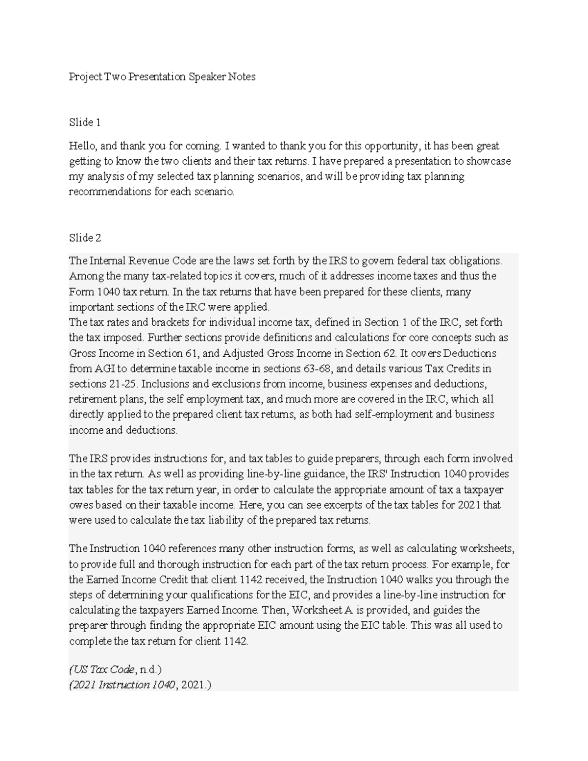 Project Two Presentation Speaker Notes - Tax Planning Recommendations ...