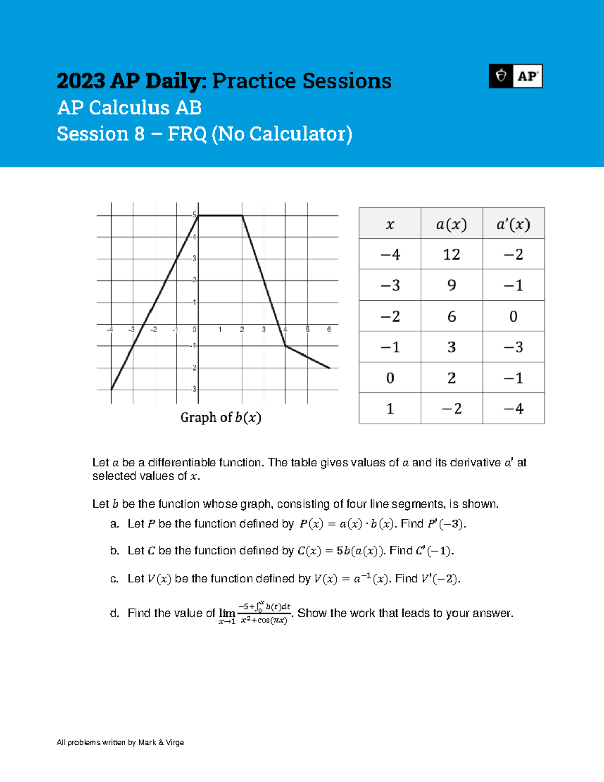 Session 8 FRQ Solutions for AP Calculus AB 2023 Daily Practice - Studocu