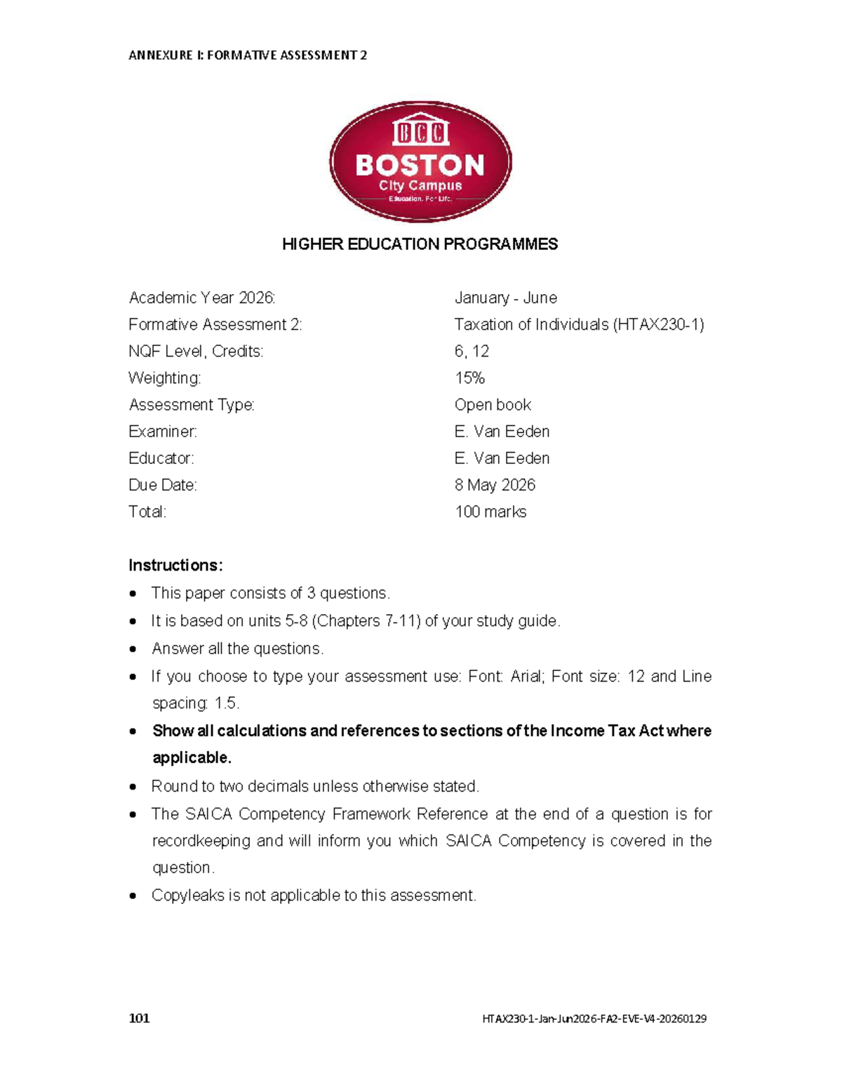 HTAX230-1: Formative Assessment 2 - Taxation of Individuals (Jan-Jun ...