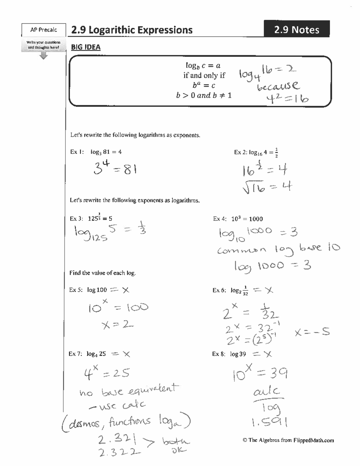 AP Precalc 2.10 Logarithmic Expressions Notes and Examples - Studocu