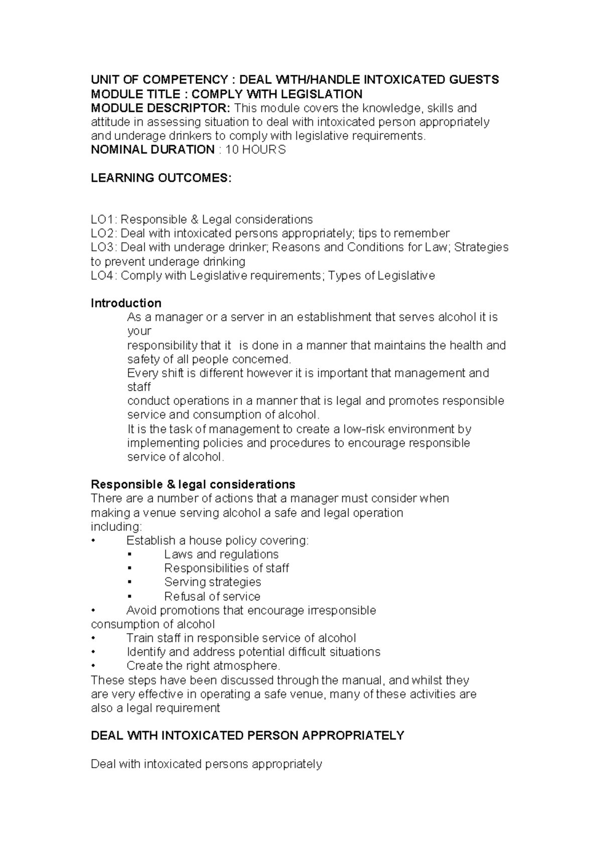Core 6: Complying with Legislation for Dealing with Intoxicated Guests ...
