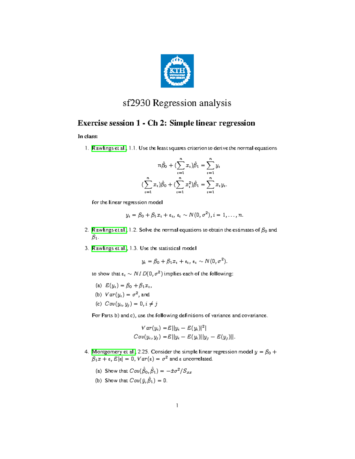 Exercise 1-3 merged - sf2930 Regression analysis Exercise session 1 ...