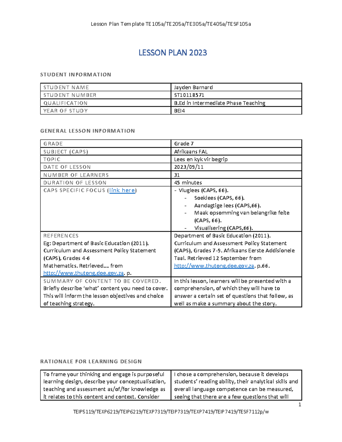 Afrikaans FAL Lesson Plan for Grade 7 - JB 2023 - Studocu