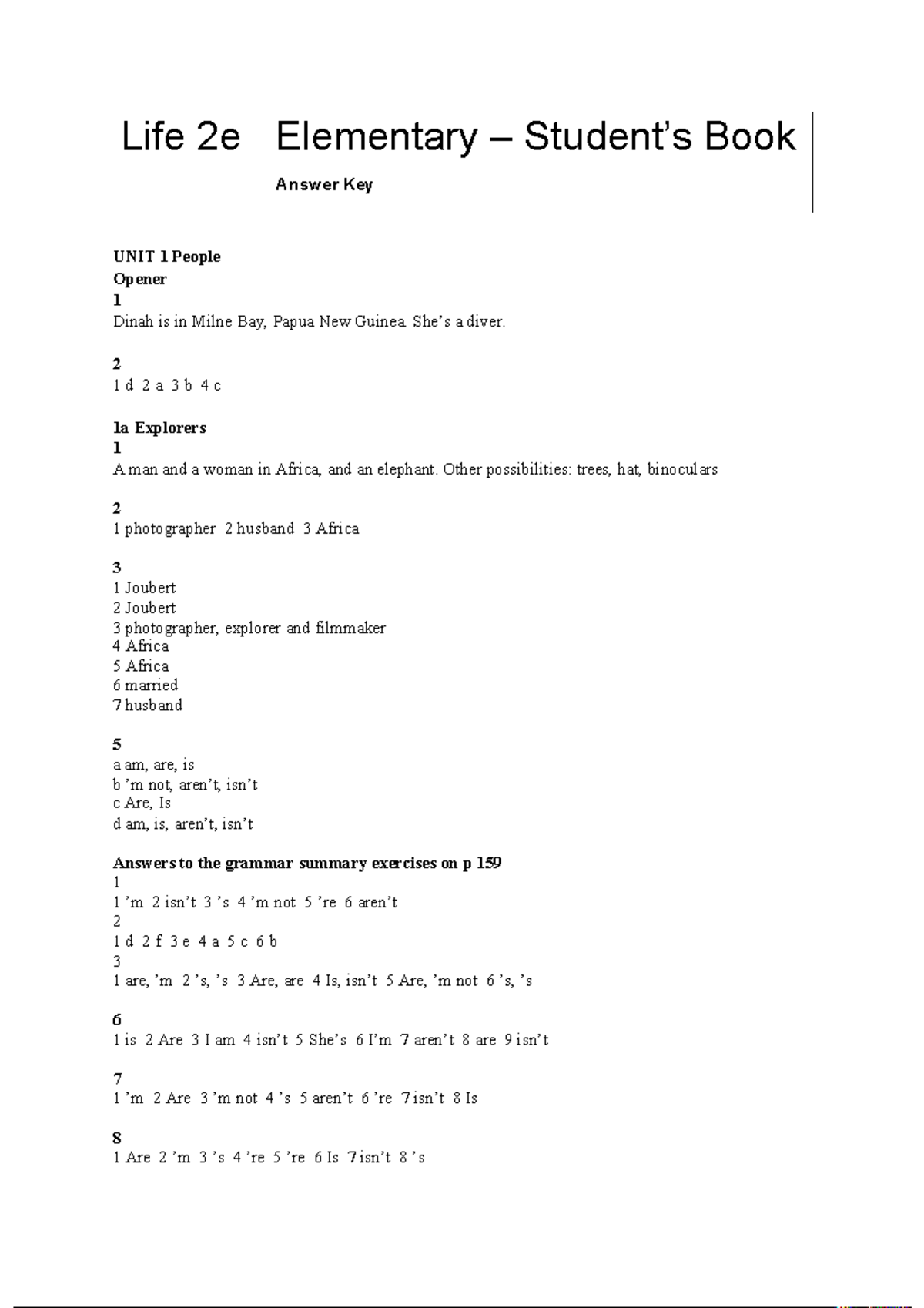 Life 2e Elementary A1 A2 Student Book Answer Key: UNIT 1 People - Studocu