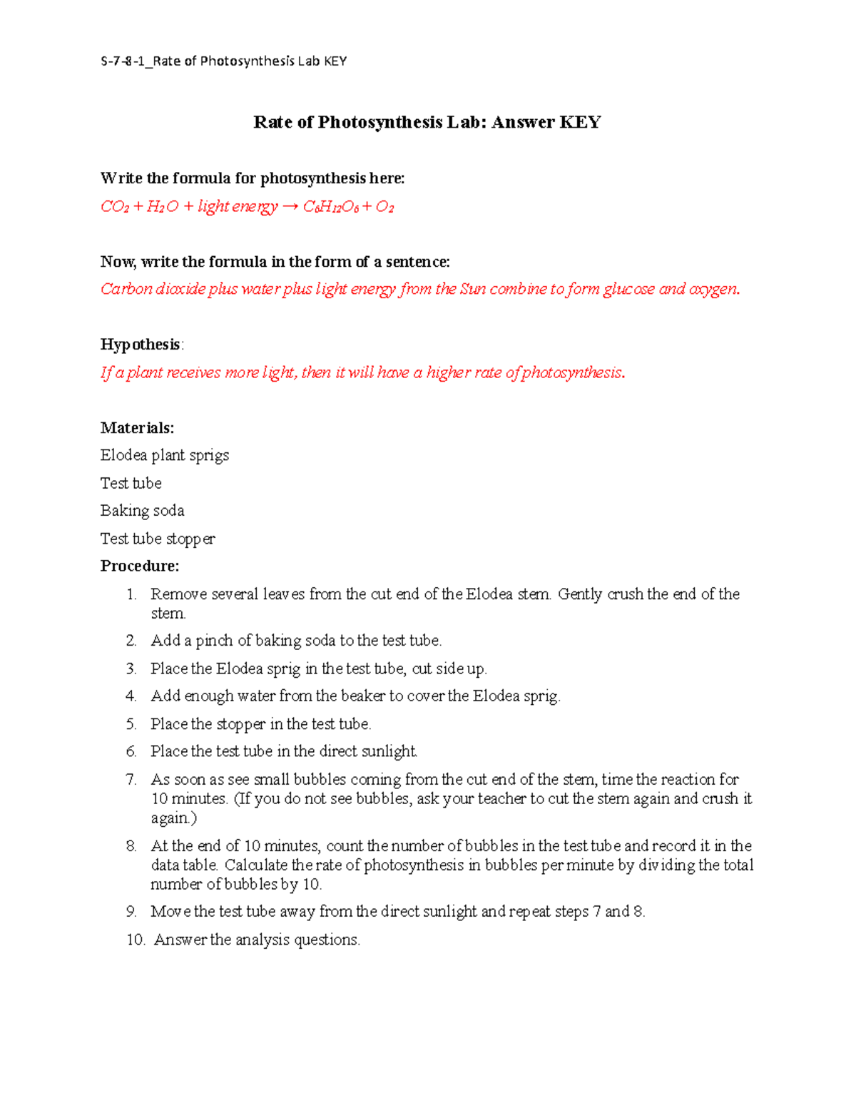 S-7-8-1 Rate of Photosynthesis Lab: Answer Key & Procedure Guide - Studocu
