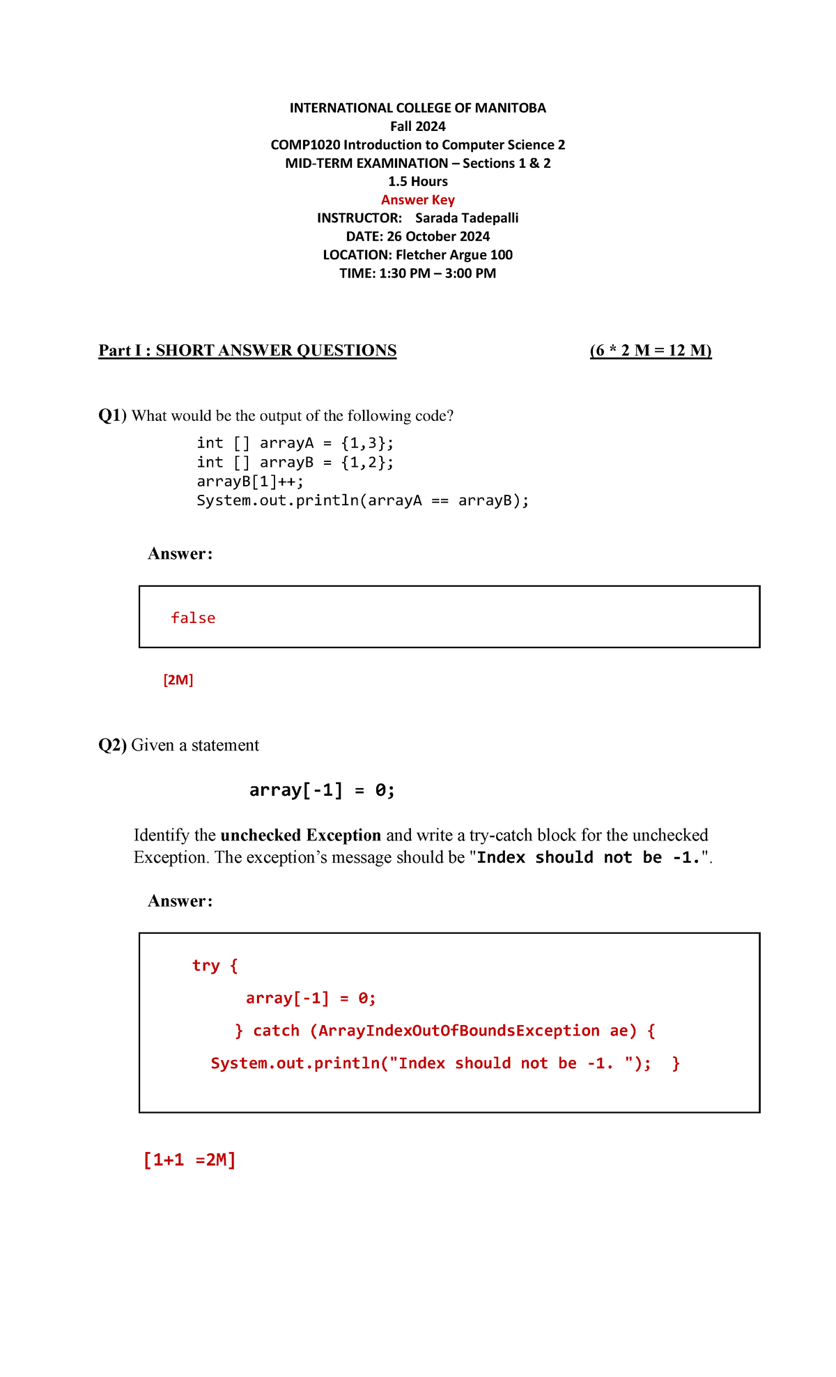 Fall 2024 COMP1020 Midterm Exam Answer Key - Introduction to CS 2 - Studocu