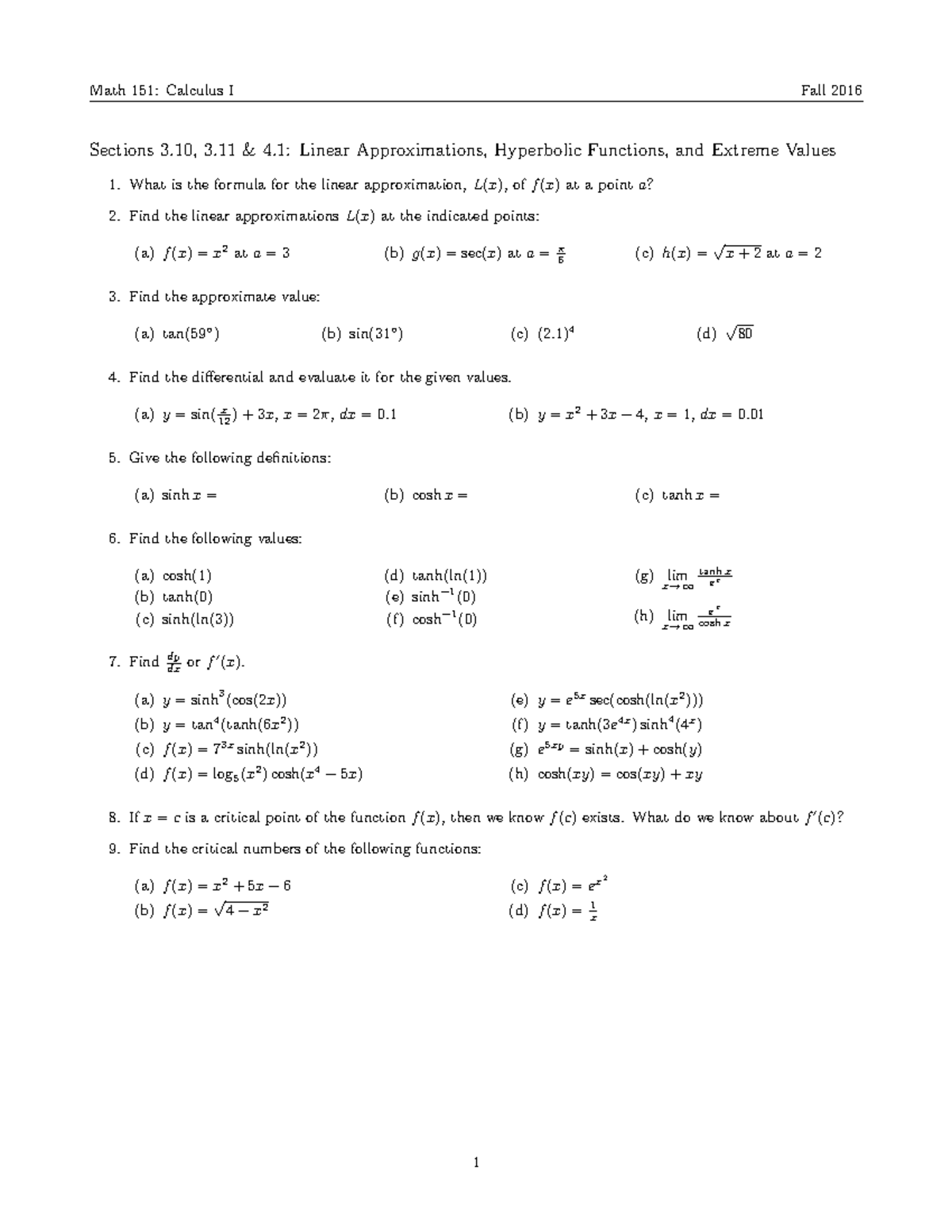 Math 151: Calculus I Fall 2016 - Worksheet 8 on Linear Approximations and - Studocu