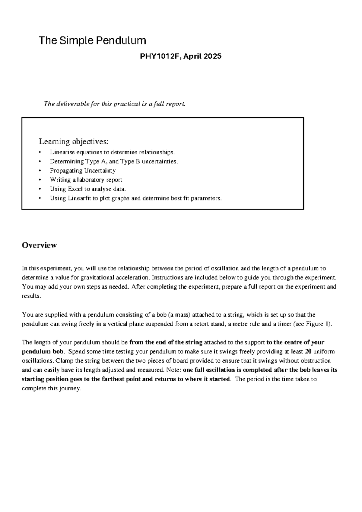 Simple Pendulum Experiment Report - PHY1012F, April 2025 - Studocu