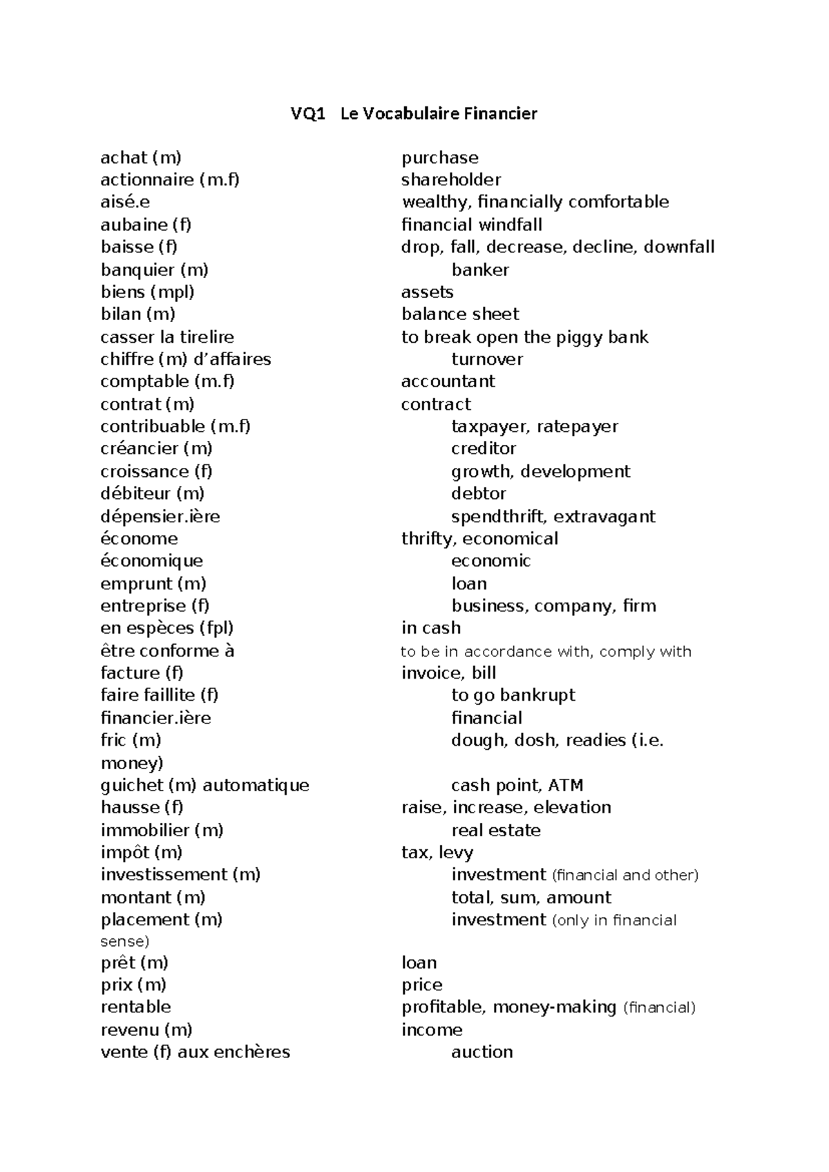 FREN233 VQ1 Liste de Vocabulaire Financier - Studocu
