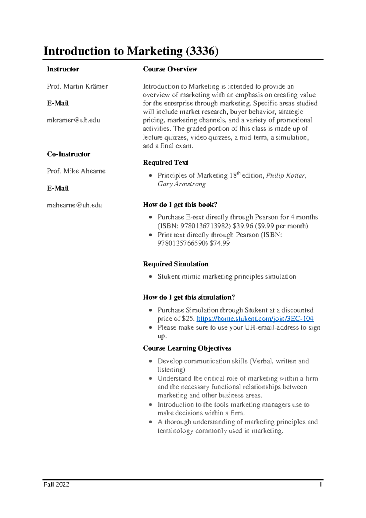 Syllabus - MARK 3336 - Introduction to Marketing 090322 - Introduction ...