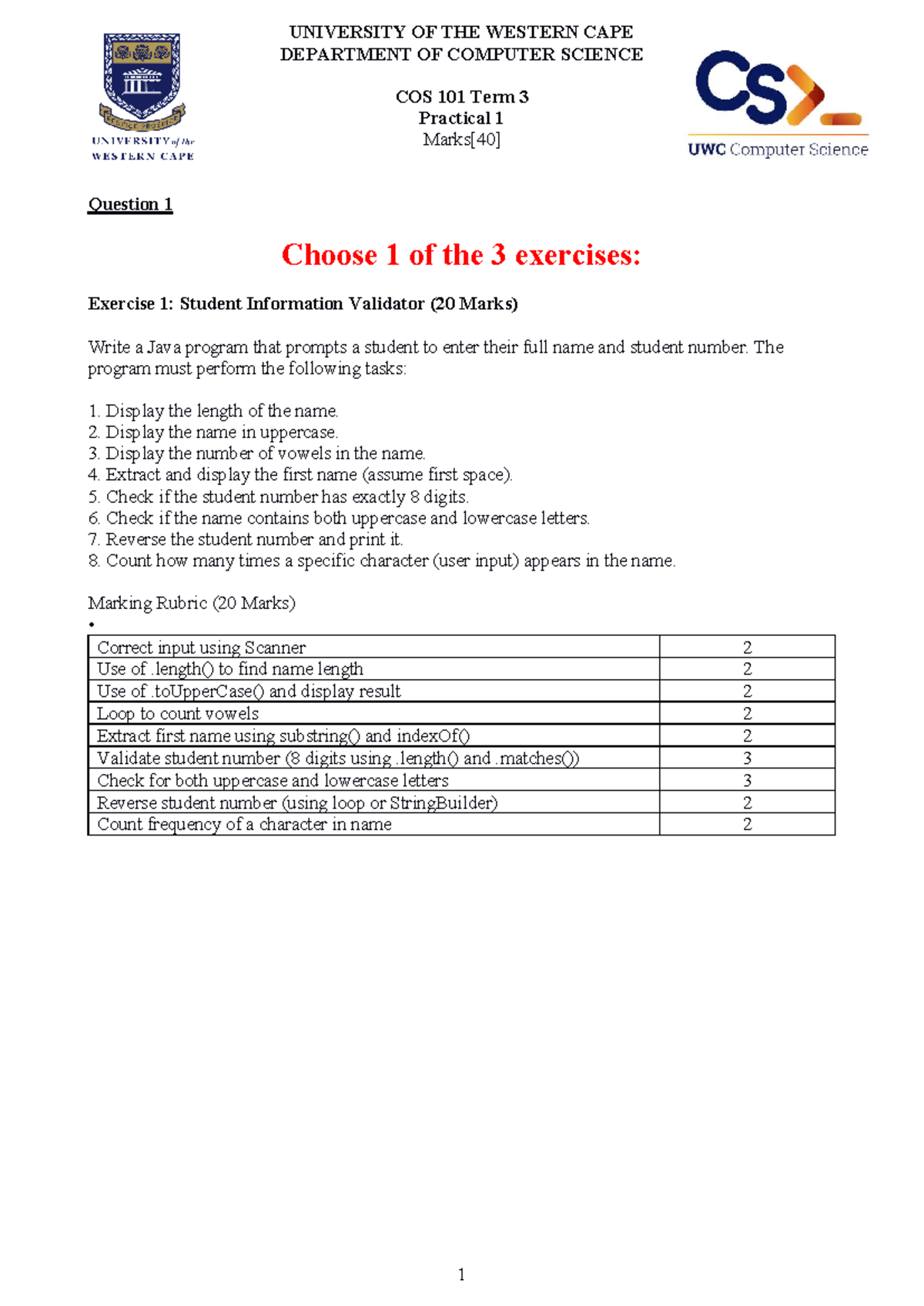 COS 101 Term 3 Practical 1: Java Exercises and Decryption Tasks - Studocu