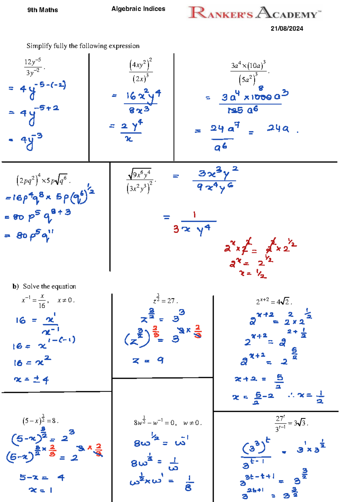 9th dg Algebraic Indices(21-08-24)-1 - 21/08/ 9th Maths Algebraic ...