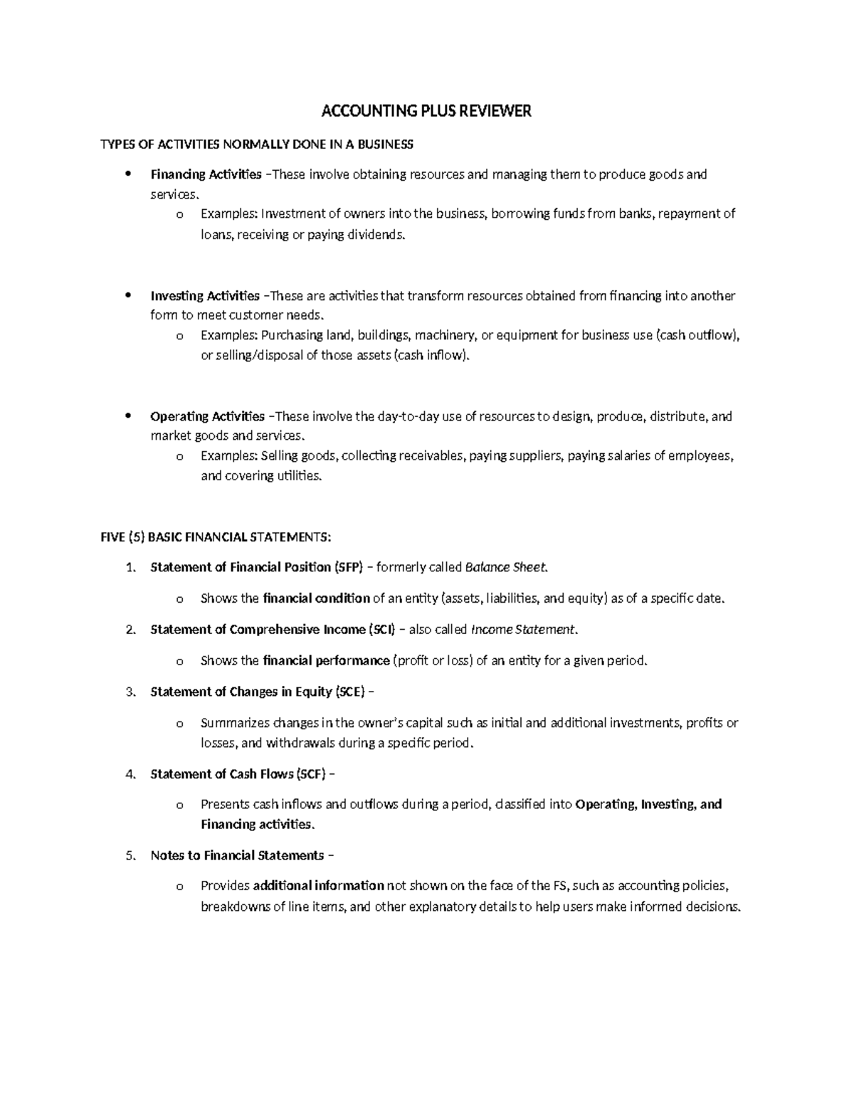 ACCOUNTING PLUS REVIEWER: Types of Business Activities and Financial ...