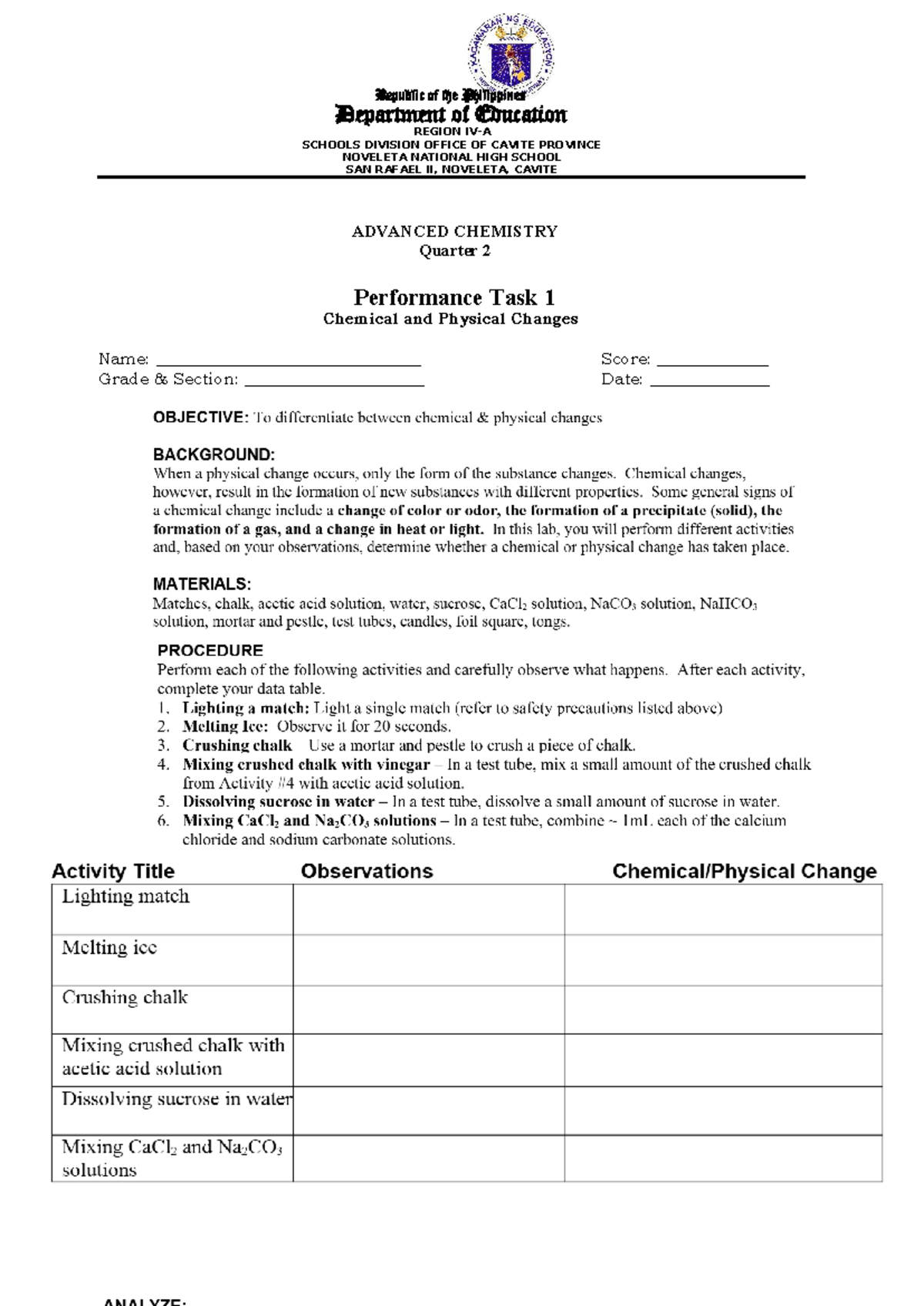 ADV CHEM Q2 Performance Task 1: Chemical & Physical Changes - Studocu