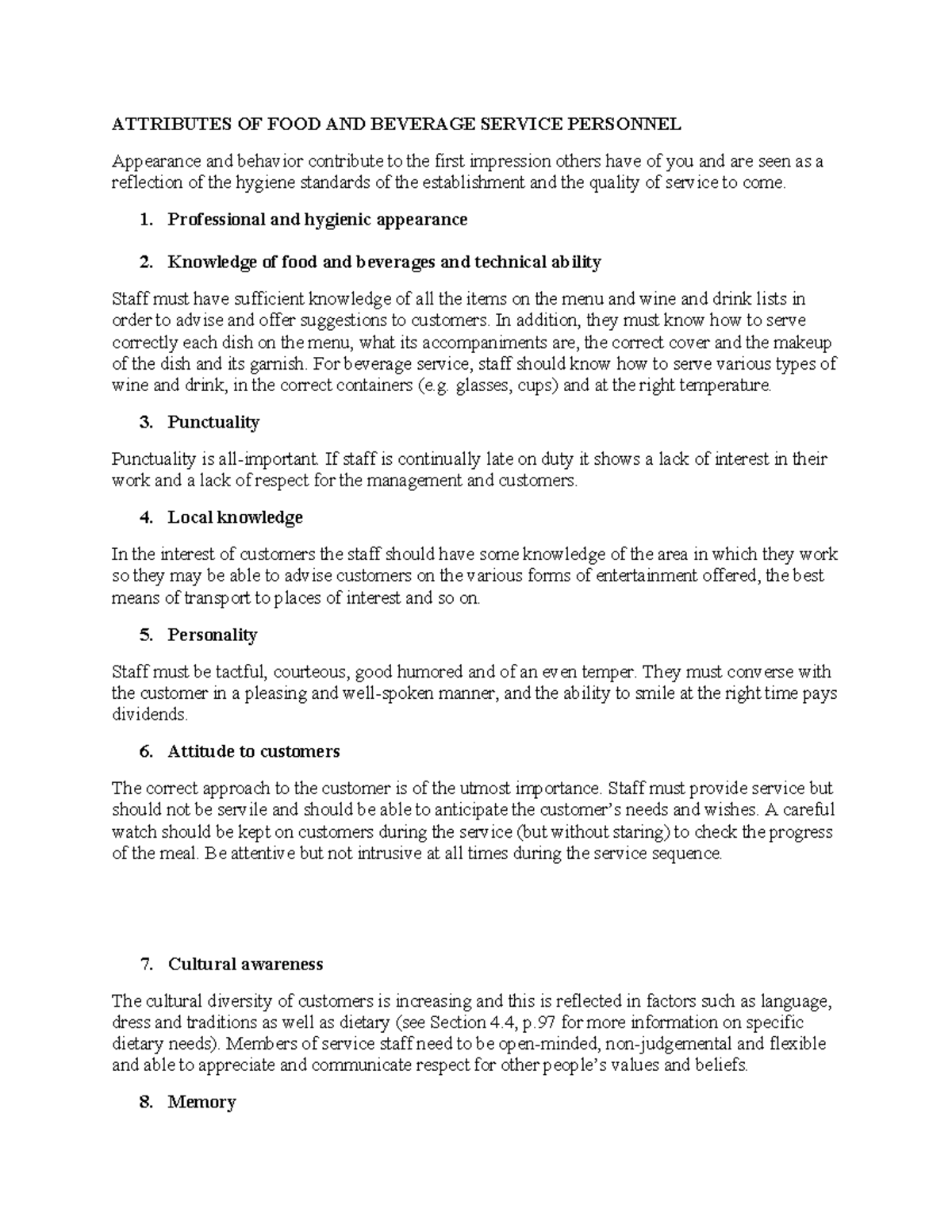 Attributes of Food & Beverage Service Personnel (F&B 101) - Studocu