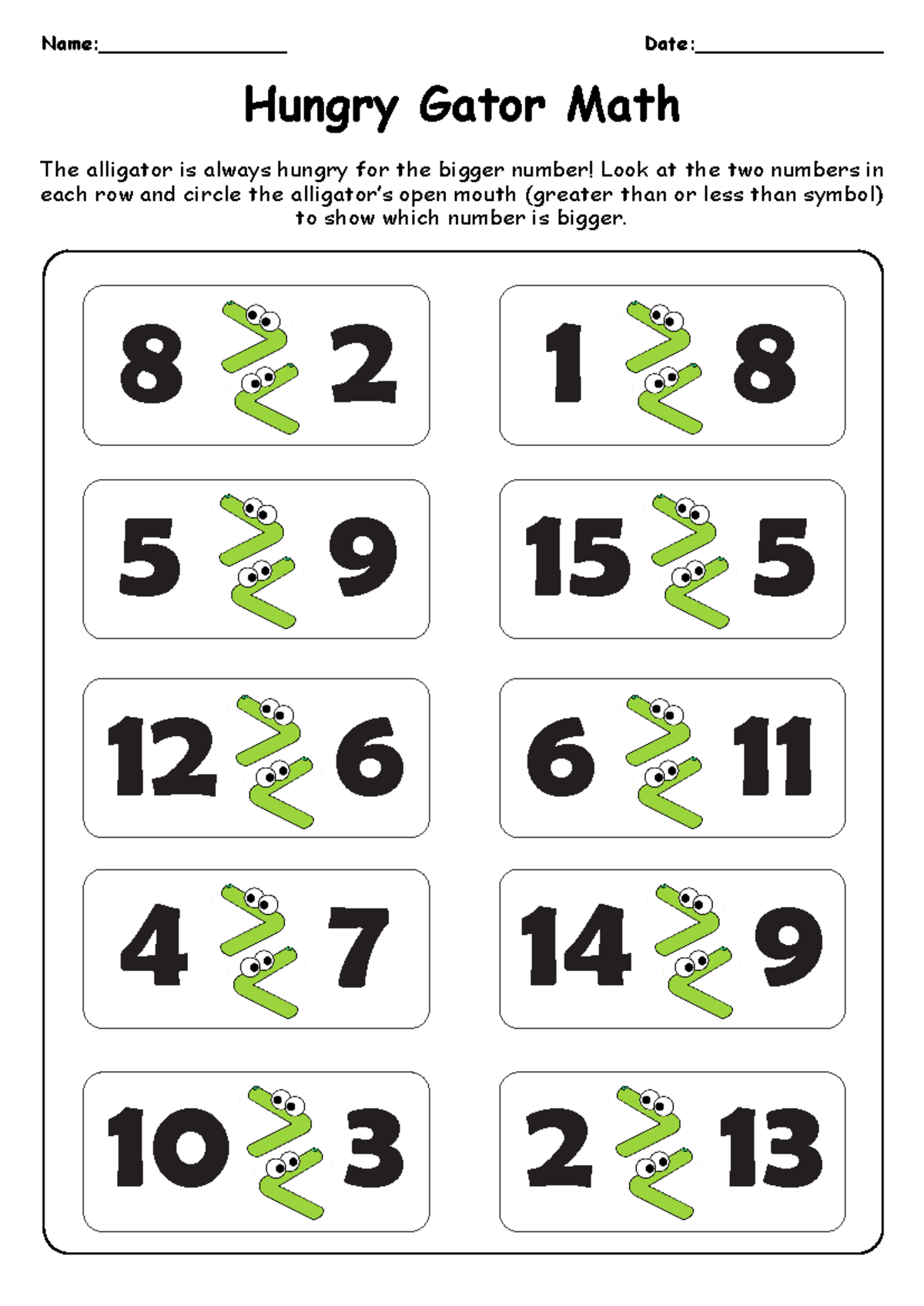 Hungry Gator Math - Greater Number Worksheet - The alligator is always ...