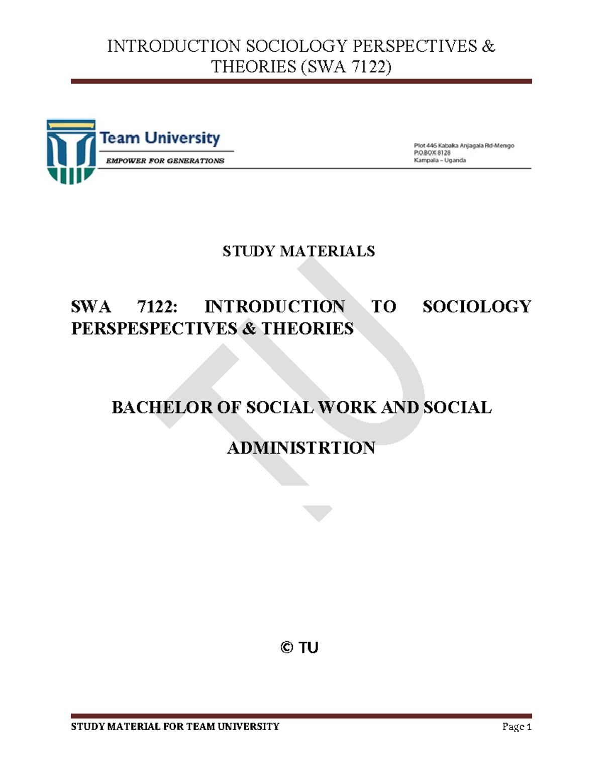 Introduction to Sociological Perspectives and Theories (SWA 7122) Study ...