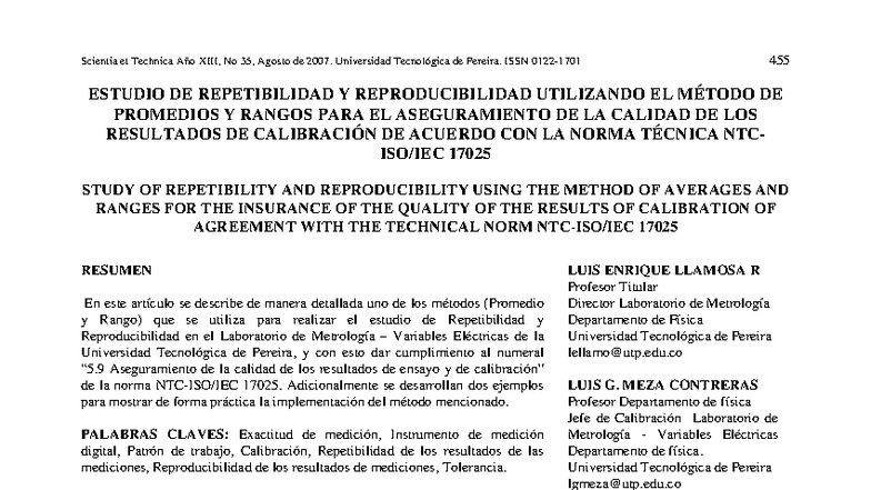 Estudio de Repetibilidad y Reproducibilidad según Norma Técnica 17025 ...