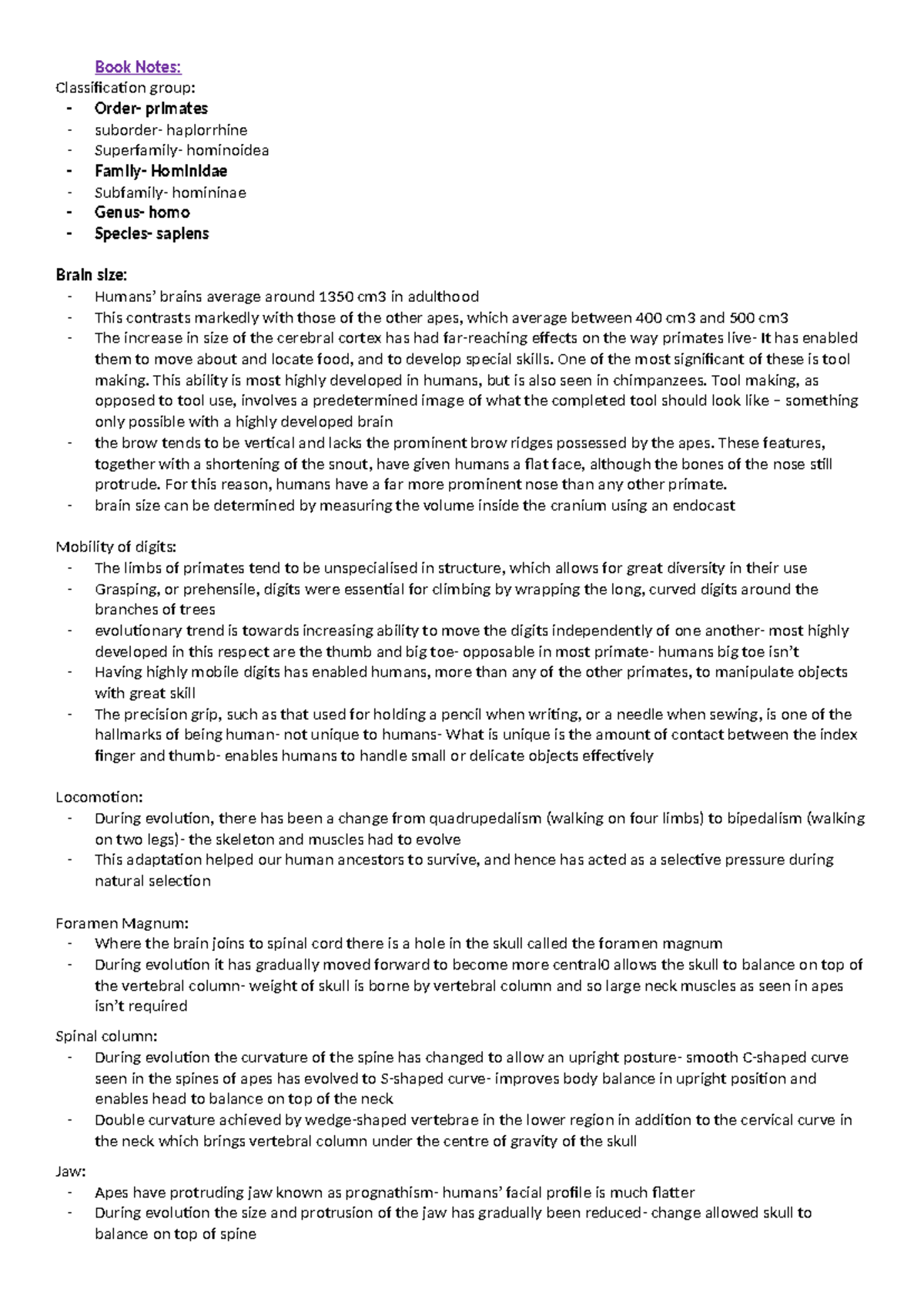 Book Notes: Primate Evolution and Human Adaptations - Studocu